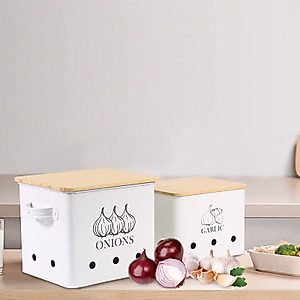Gdfjiy Onion Garlic Storage Bin, Kitchen Vegetable Storage Tin, Set of 2 for Onion & Garlic with Wooden Lid and Aerating Holes, Kitchen Storage Canisters Set, Long Shelf Life - White