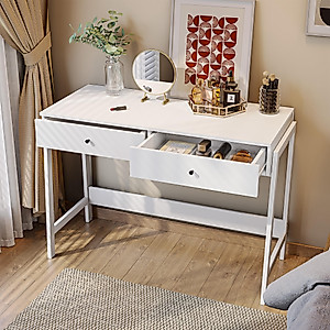 JOINHOM Home Office Desk with Drawers, Small Spaces Writing Desk with Storage for badroom, Work Desk for Home Office, Home Table, White