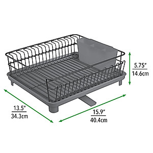 mDesign Large Metal Kitchen Countertop, Sink Dish Drying Rack - Removable Plastic Cutlery Tray, Drainboard with Adjustable Swivel Spout - 3 Pieces - Black/Charcoal Gray