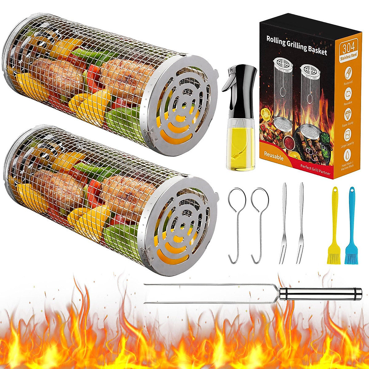 Rolling Grilling Baskets for Outdoor Grill Bbq ，Stainless Steel Grill Mesh Barbeque Grill Accessories,Outdoor Round BBQ Stainless Steel Grill Basket Campfire Grill Grid - Camping Picnic Cookware