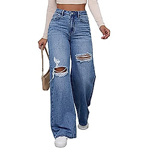 WDIRARA Women's High Waist Ripped Wide Leg Baggy Jeans Distressed Denim Pants Medium Wash S