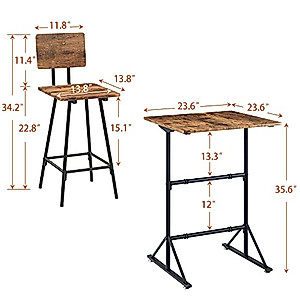 VECELO 3-Piece Bar Table Chairs, Square Counter Height Bistro Dinette Sets with 2 Barstools for Kitchen, Breakfast Nook, Small Spaces, Rustic Brown