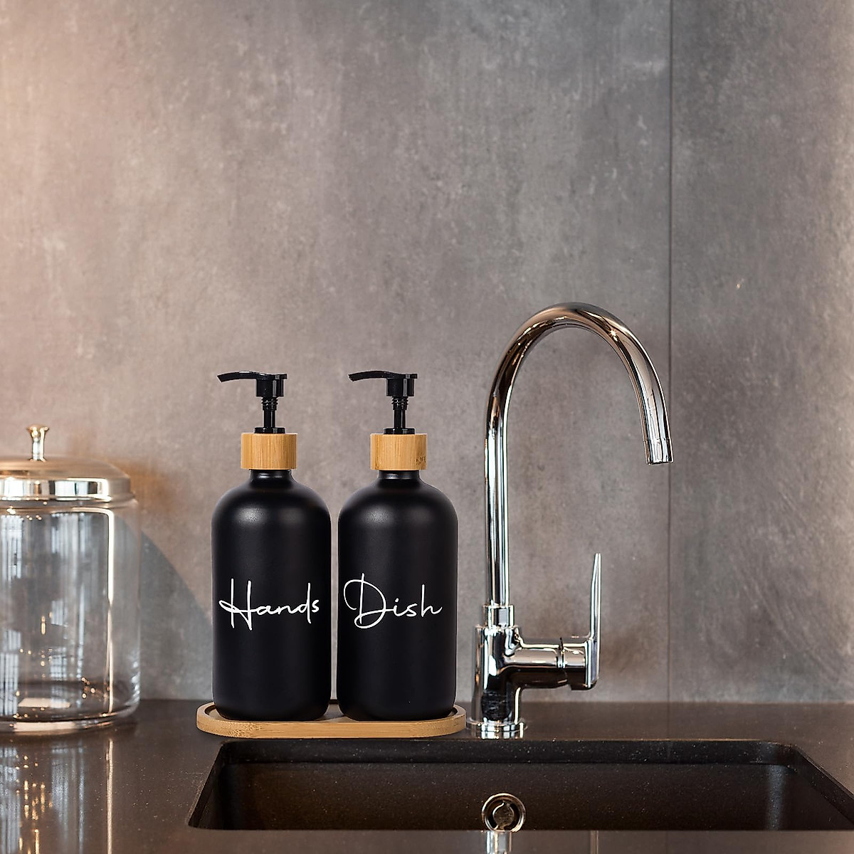 17 oz Hand Soap Dispenser Empty Glass Lotion Pump Bottles, Refillable Liquid Dish Soap Bottles for Bathroom, Kitchen Sink, Black, 2 Pack