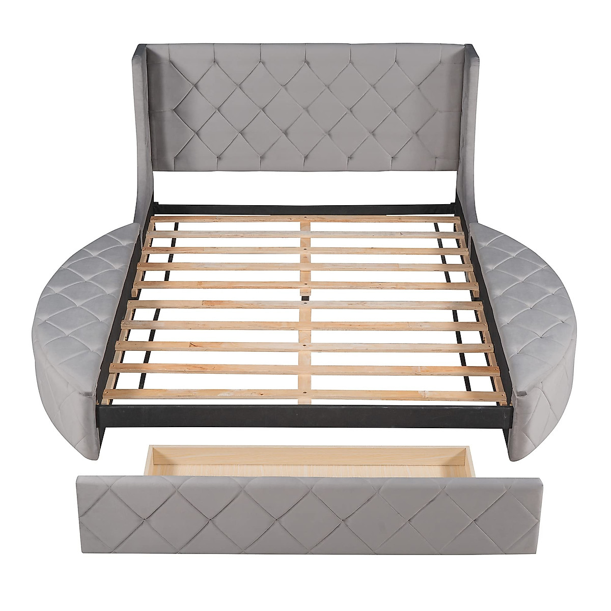 BOVZA Queen Size Platform Bed Frame, Velvet Upholstered Bed with Wingback Headboard and and 1 Big Drawer, 2 Side Storage Stool, No Box Spring Needed, Gray