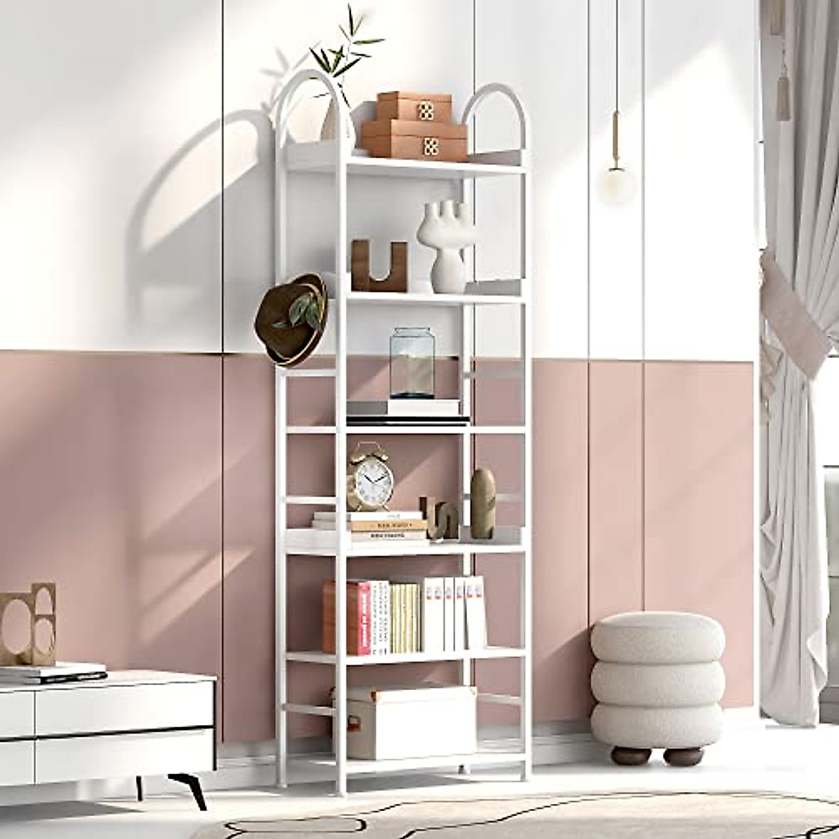 SHMAO 6 Tier Bookshelf, Tall Metal Book Shelf, Industrial Bookcase, Modern Storage Rack with Open Shelves, Storage Organizer Free Standing Bookshelves for Home Office, Living Room, Bedroom - White