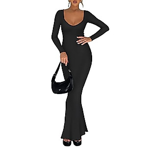 REORIA Women's Sexy Casual V Neck Long Sleeve Lounge Long Dress Elegant Fall Wedding Guest Tight Ribbed Bodycon Maxi Dresses Black Large