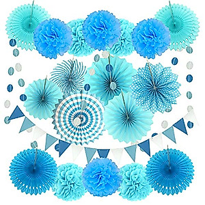 ZERODECO Party Decoration, 21 Pcs Blue Hanging Paper Fans, Pom Poms Flowers, Garlands String Polka Dot and Triangle Bunting Flags for Boy Birthday Parties, Bridal Showers, Baby Showers, Wedding