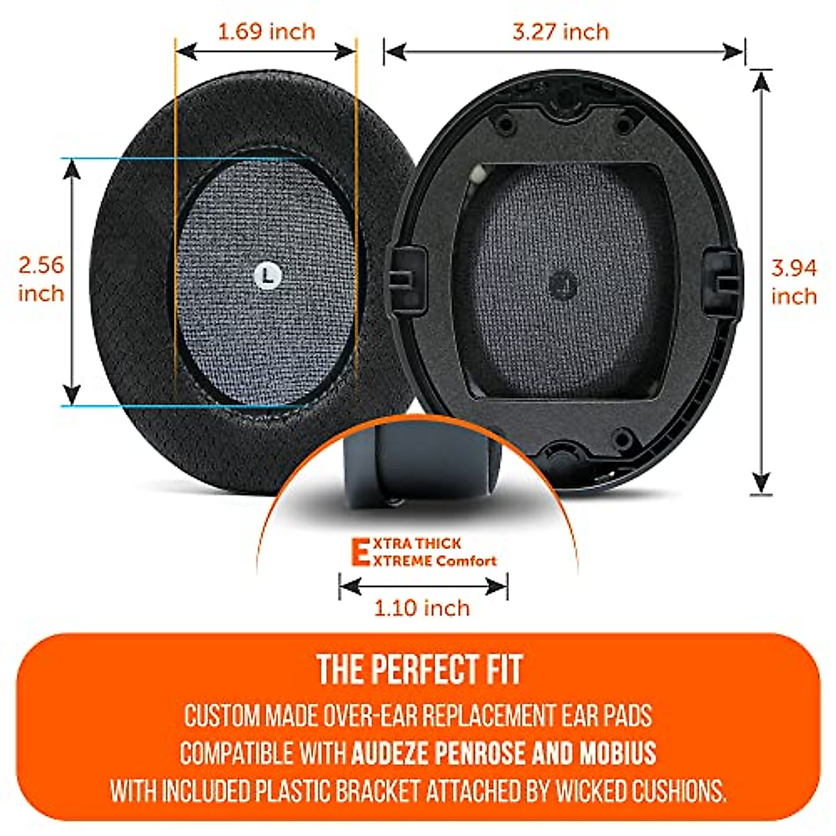 WC Freeze Penrose - Hybrid Fabric Cooling Gel Replacement Earpads for Audeze Penrose & Mobius, Made by Wicked Cushions, Improved Durability, Thickness and Sound Isolation | Black