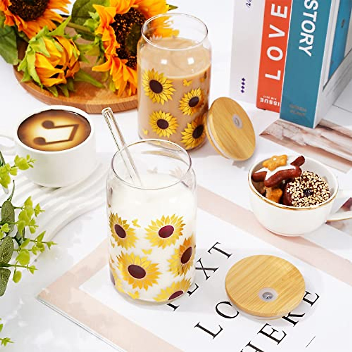 Whaline Glitter Sunflower Beer Can Glasses with Bamboo Lids and Straw Summer Sunflower Drinking Glasses Iced Coffee Cup for Holiday Travel Cocktails Whiskey Beer Soda Gifts, 2Pcs