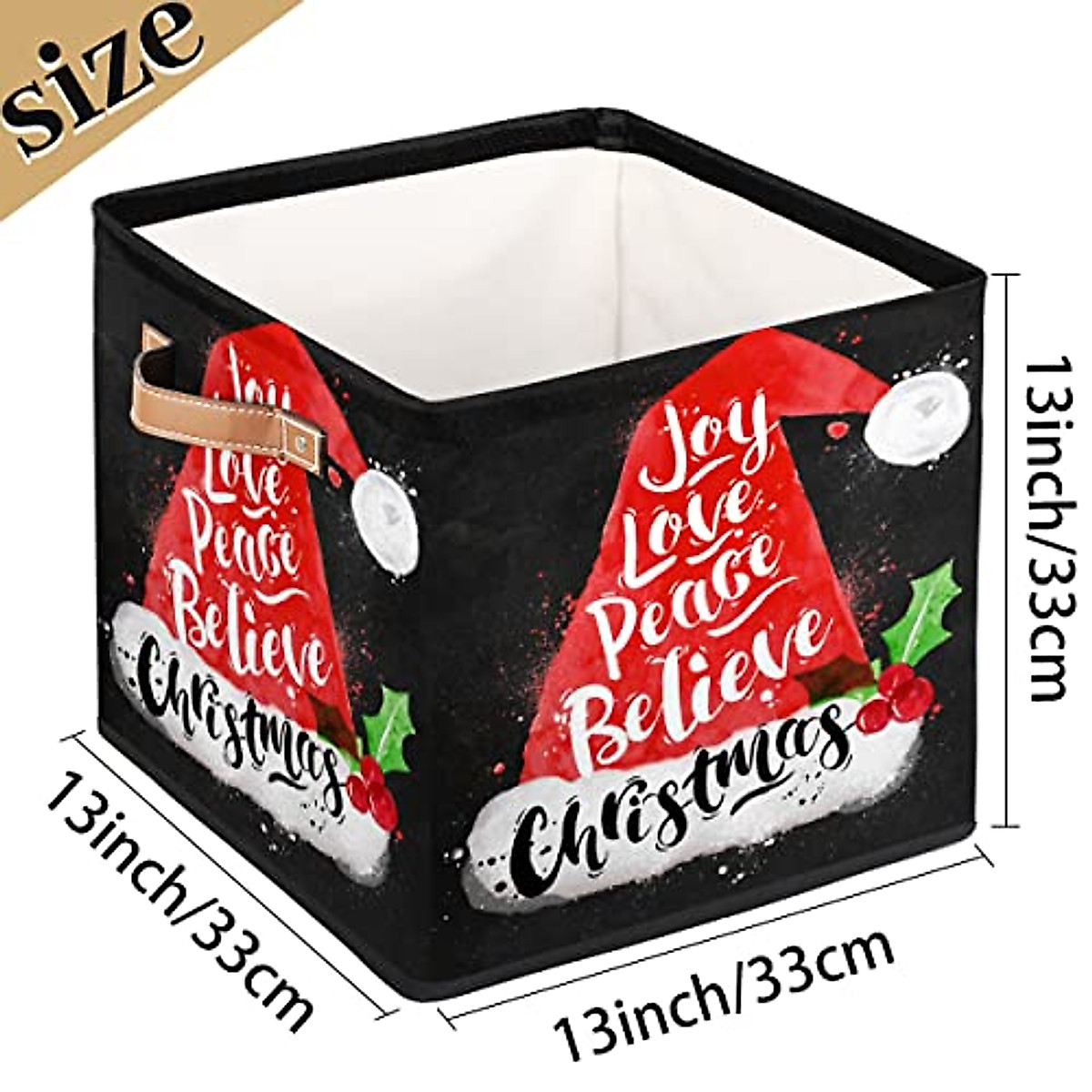 Large Collapsible Storage Bins,Christmas Hat Decorative Canvas Fabric Storage Boxes Organizer with Handles,Cube Square Baskets Bin for Home Shelves Closet Nursery Gifts