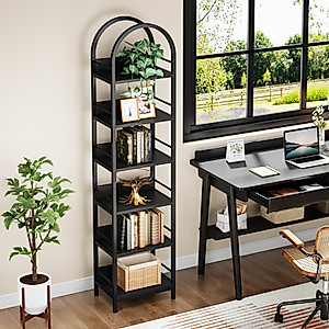 Tribesigns 78.7" Tall Bookshelf, Industrial Wood 6-Tier Bookcase, Arched Narrow Bookshelf, Ladder Shelf Storage Organizer, Display Shelf with Metal Frame for Bedroom, Living Room, Black