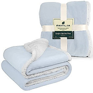 PAVILIA Plush Sherpa Fleece Throw Blanket Light Blue | Soft, Warm, Fuzzy Baby Blue Throw for Couch Sofa | Solid Reversible Cozy Microfiber Fluffy Blanket, 50x60
