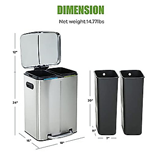 NChanmar Trash Can, Dual Trash Can for Recycling 40L/10 Gallon Stainless Steel Garbarge Can Foot Pedal Metal Trash Can with Lid Rubbish Bin for Home Office