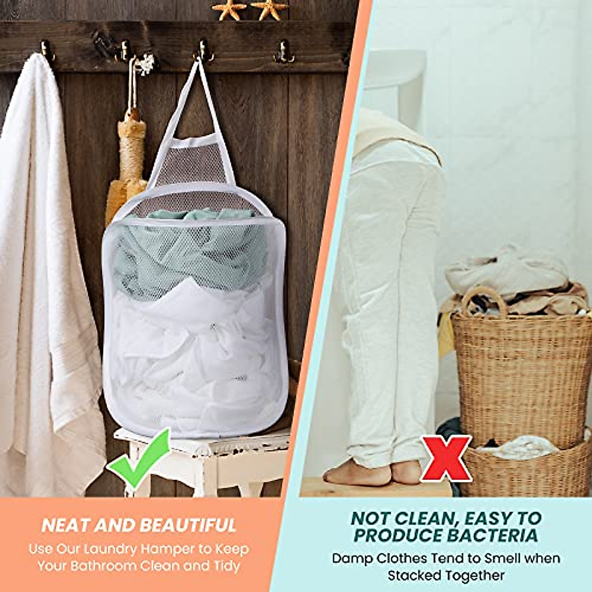 3 Pieces Hanging Laundry Hamper Laundry Bag to Hang Foldable Mesh Hamper Dirty Cloth Basket with Carry Handle Door Net Hampers for Store Cloth, Toy, Camping, Hotel Use