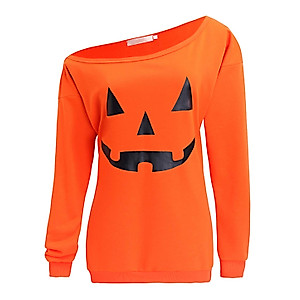 GSVIBK Womens Halloween Sweatshirts Halloween Pumpkin Face Long Sleeve Sweatshirts Off Shoulder Halloween Shirts 97-Orange XL