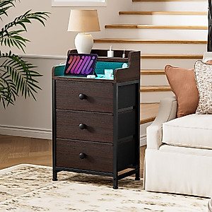 REAHOME Nightstand with Charging Station and LED Light, Tall Brown Night Stand with 3 Drawers and 2-Tier Shelf, Bedside Table with Sturdy Steel Frame Wood Top for Bedroom, Living Room - Brown