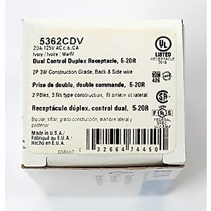 Eaton 5362CDV Arrow Hart Dual Control Heavy Duty Industrial Grade Duplex Receptacle, Auto-grounding, #14-10 AWG, 20A, Flush, 125V, Ivory, Brass, High-Impact Nylon face, 5-20R, 2-Pole (10-Pack)