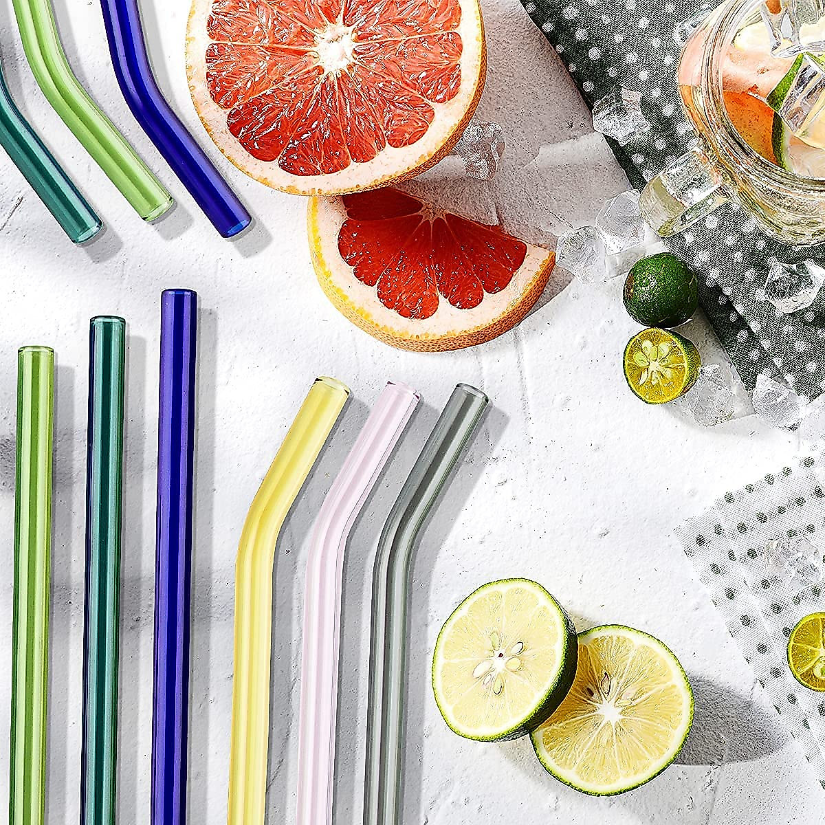 8 Pcs Reusable Glass Straws, 8"x8mm Eco-friendly Drinking Straws for Smoothie, Milkshakes, Tea, Juice, Cocktail Straws, Multi-Color Mixed (8Pcs Bent)