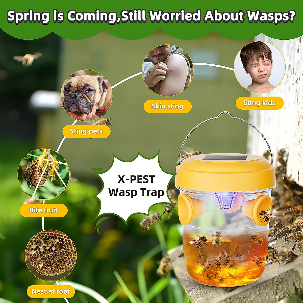 Wasp Traps Outdoor Hanging, Solar Powered Bee Traps 4 Packs, Yellow Jacket Traps-Carpenter Bee Traps for Outside, Wasp Deterrent Killer Reusable Yellow Jacket Hornet Catcher with LED Lights