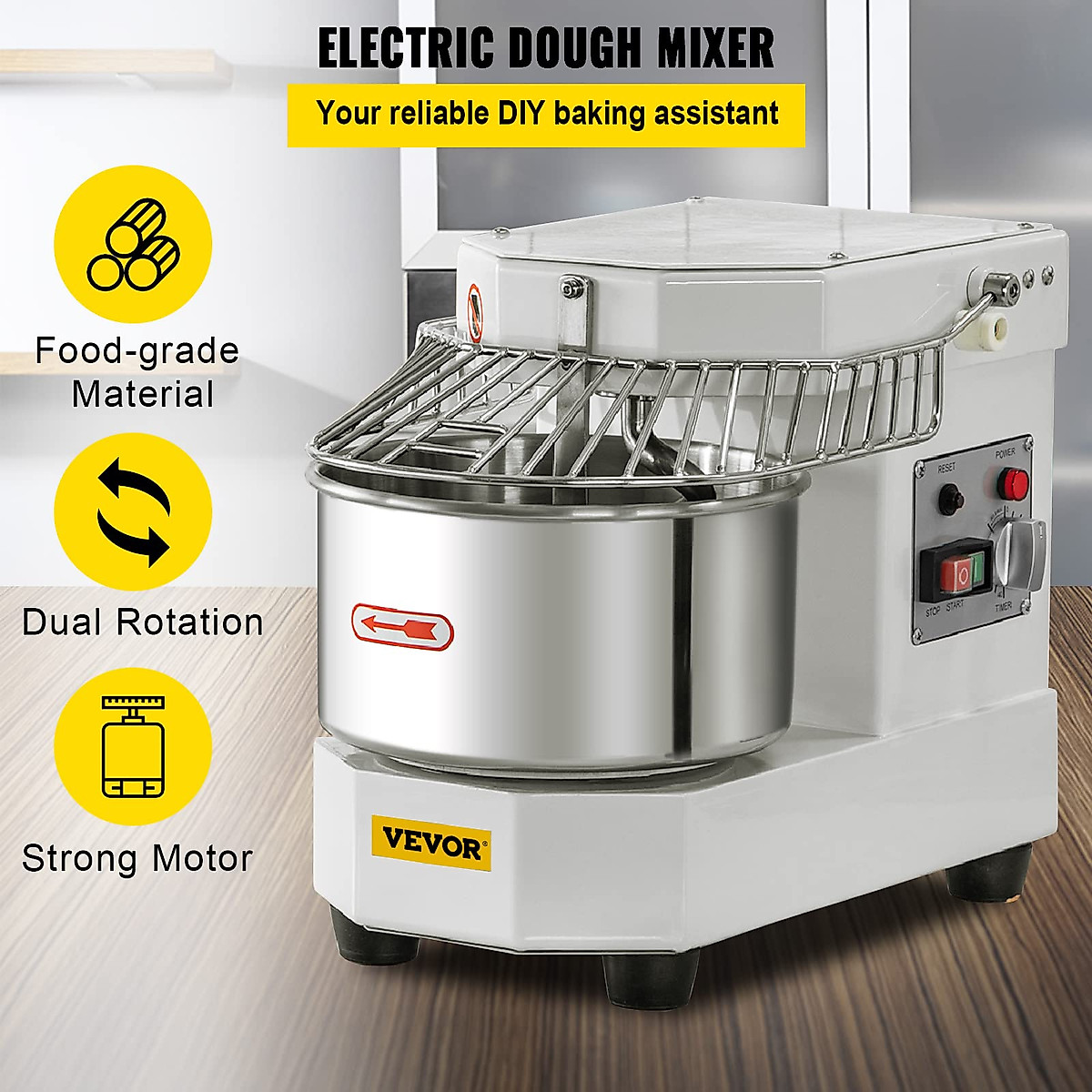 VEVOR Commercial Food Mixer, 8.5Qt Capacity, 450W Dual Rotating Dough Kneading Machine with Food-grade Stainless Steel Bowl, Security Shield & Timer Included, Baking Equipment for Restaurant Pizzeria