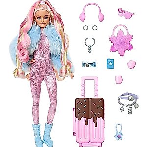 Barbie Extra Fly Doll with Snow-Themed Travel Clothes & Accessories, Sparkly Pink Jumpsuit & Faux Fur Coat