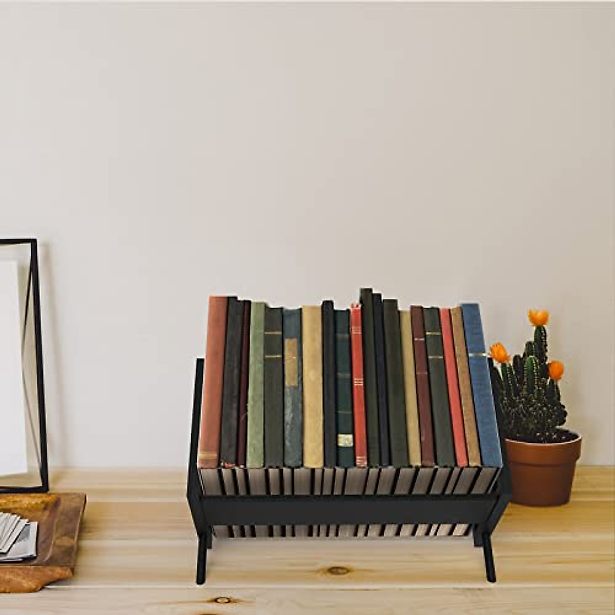 sxnzequnze Wooden Vinyl Record Holder Storage Carved Design Bookcase Office Supplies Home Decoration For Book And Magazine Organization Black