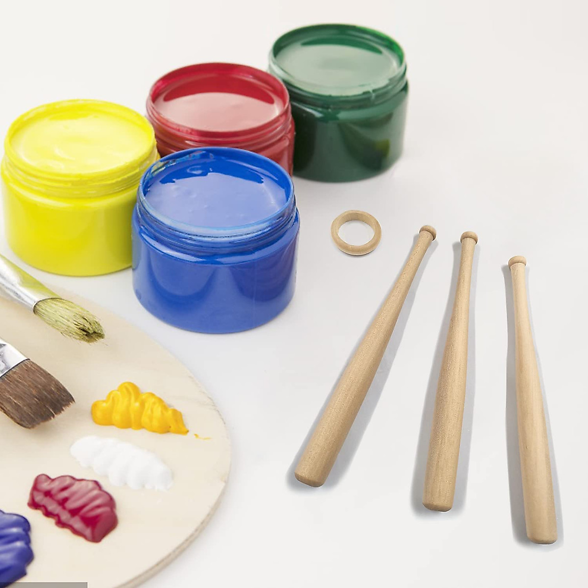 DIY 6 Pcs Mini Baseball Bat and 2 Rings 8 Inch Unfinished Small Wooden Bats Wooden Baseball Softball Stand Display for Painting Keychain Action Figures DIY Craft Projects Ball Sports Party Favors