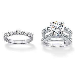 PalmBeach Yellow Gold-Plated or Platinum-Plated Sterling Silver Round Cubic Zirconia Jacket Bridal Ring Set Size 7