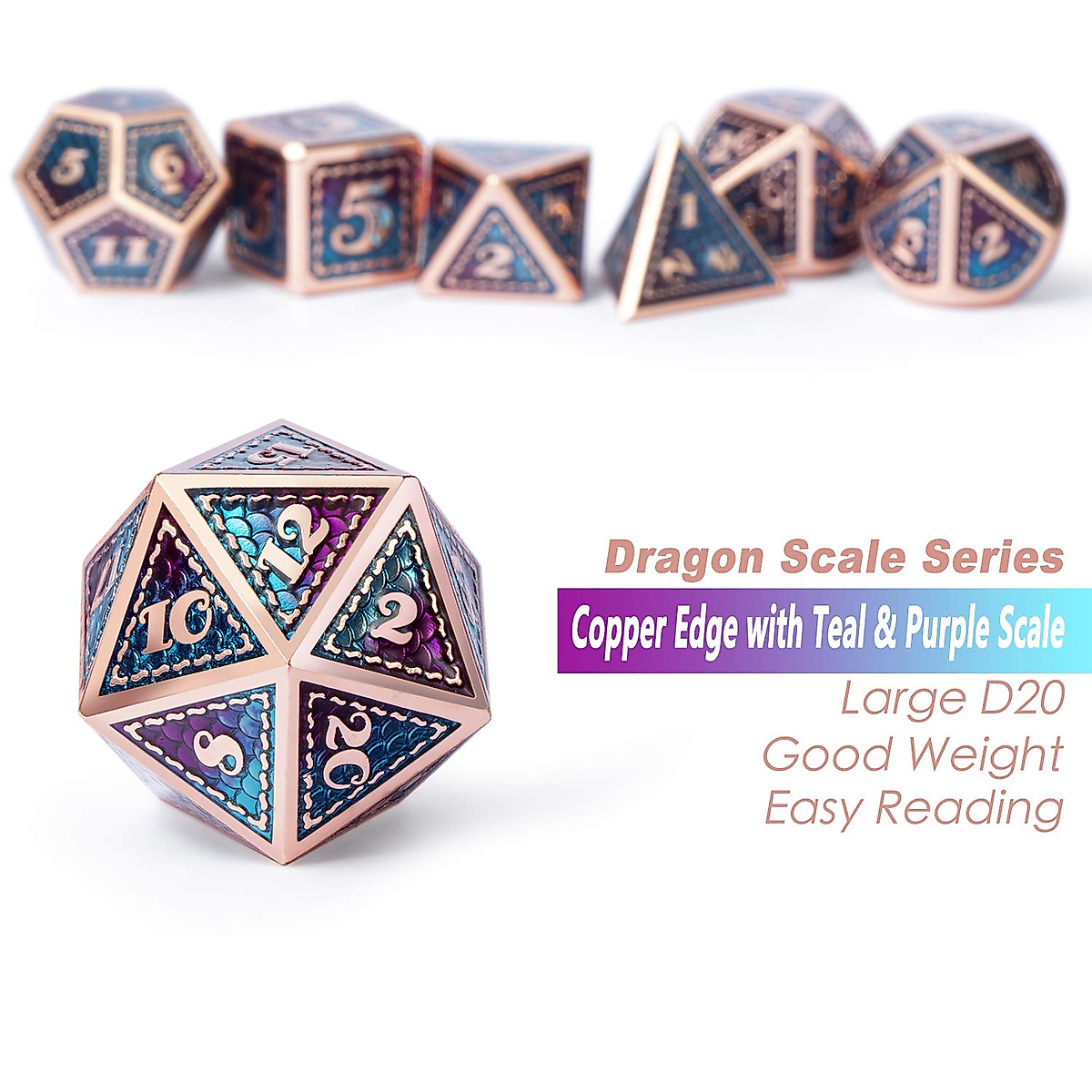 DNDND Metal D&D Dice Set,7 Pieces Dragon Scale Metallic D&D Die with Gift Metal Case for Dungeons & Dragon Game (Teal and Purple with Copper Edge)