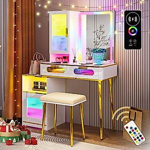 HNEBC Vanity Desk with RGB Lights,LED Makeup Vanity with Mirror and Drawers, RGB Makeup Desk with USB+Wireless Charging Station for Bedroom, Vanitys Table with Sensor Mode, Stool, White