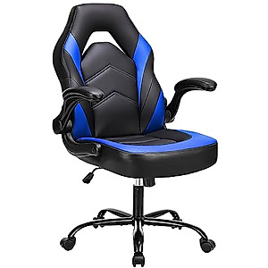 OLIXIS Ergonomic Office Computer Gaming Chair with Lumbar Support Flip-up Arms Adjustable Height PU Leather Swivel with Wheels, 25.98D x 25.39W x 41.73H, Blue
