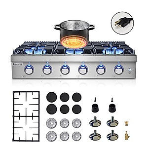 AAOBOSI Gas Cooktop 36 inch Gas Stove Built-in Gas Range Commercial Gas Stove Top, Propane Cooktop NG/LPG Switch, 6 Cast Iron Stove Top Covers for Gas Burners with 6 Burners for Cooking, Gas Grilling
