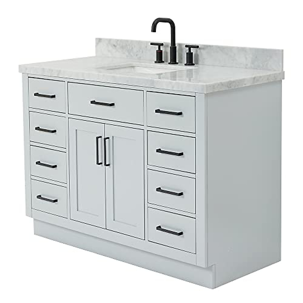 ARIEL Bathroom Vanity 49" Grey 1.5" Edge Italian Carrara Marble Countertop & Splash, Rectangular Sink, 2 Soft Closing Doors, 9 Full Extension Dovetail Drawers, Toe Kick, Matte Black