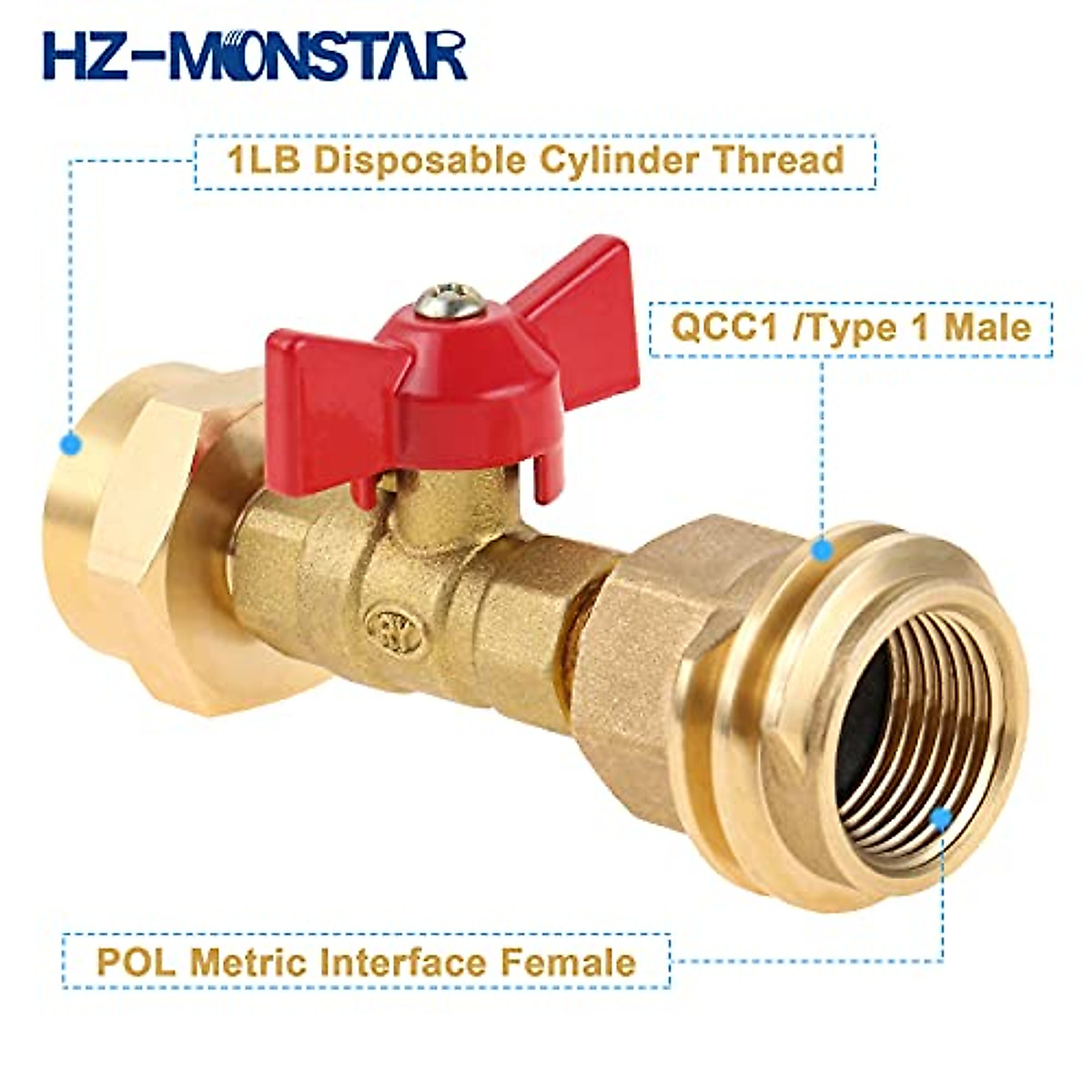 20lb to 1lb Propane Tank Adapter with Valve for 1lb / 16.4oz Disposable Throwaway Cylinder, Convert CGA600 to QCC1 Male Thread / POL Female Thread, Hook Up Small Propane Tanks When 20lb Ran Out