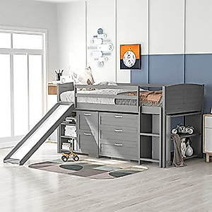 Low Loft Bed with Slide and Storage Twin Loft Bed Frame with Cabinet Drawers and Book Shelves, Wooden Loft Beds for Kids Boys Girls, Gray