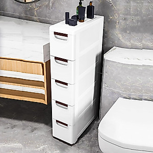 5 Drawers Narrow Slim Plastic Storage Cabinet,Storage Drawer with 4 Wheels,5 Tier Drawers Dresser,White