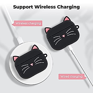 YONOCOSTA Cute Airpods Pro Case, Black Whisker Cat Kitty Funny 3D Cartoon Animals Full Protection Shockproof Soft Silicone Charging Case Cover Skin with Carabiner for Kids Girls Women Children
