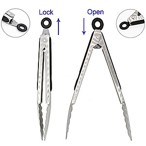 304 Stainless Steel Kitchen Cooking Tongs, 9" and 12" Set of 2 Sturdy Grilling Barbeque Brushed Locking Food Tongs with Ergonomic Grip, Black