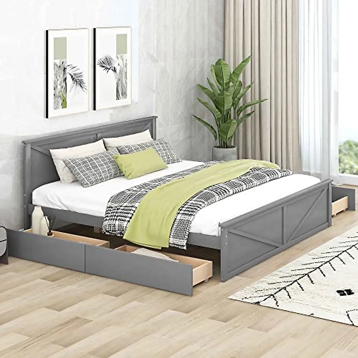 ATY King Size Platform Bed with 4 Storage Drawers, Wooden Bedframe w/Headboard and Support Legs, for Livingroom, Bedroom, Guestroom, No Box Spring Needed, Gray