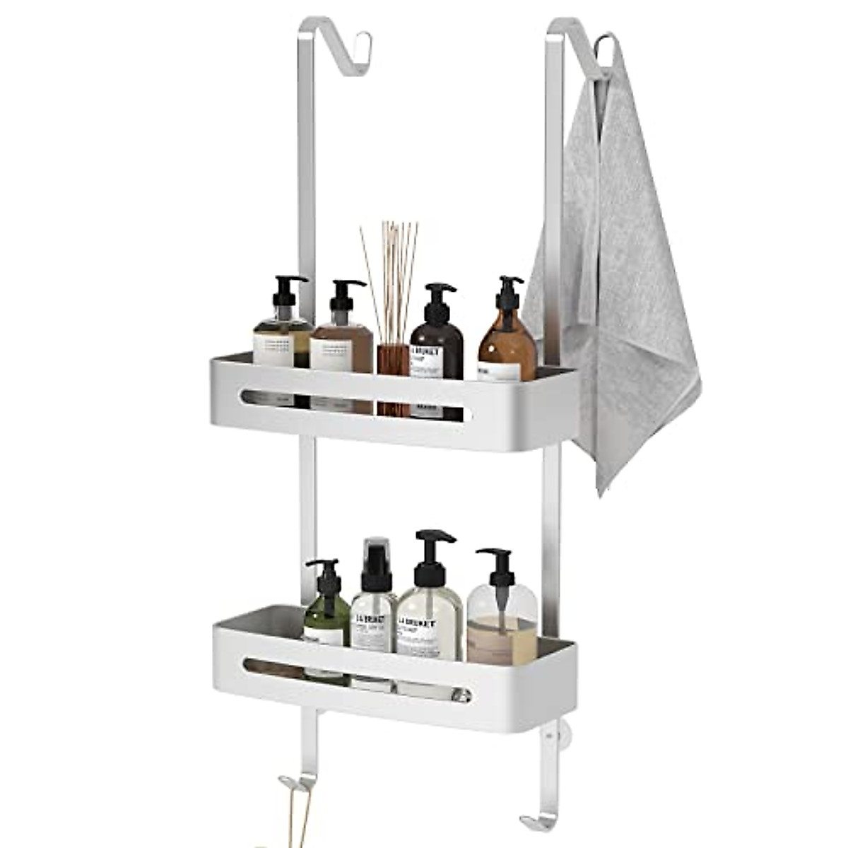 TZAMLI Hanging Shower Caddy Over The Door Shower Organizer, Aluminum Shower Shelf Bathroom Storage Rack with Hook and Basket (Silver-Silver, 2-Tier)