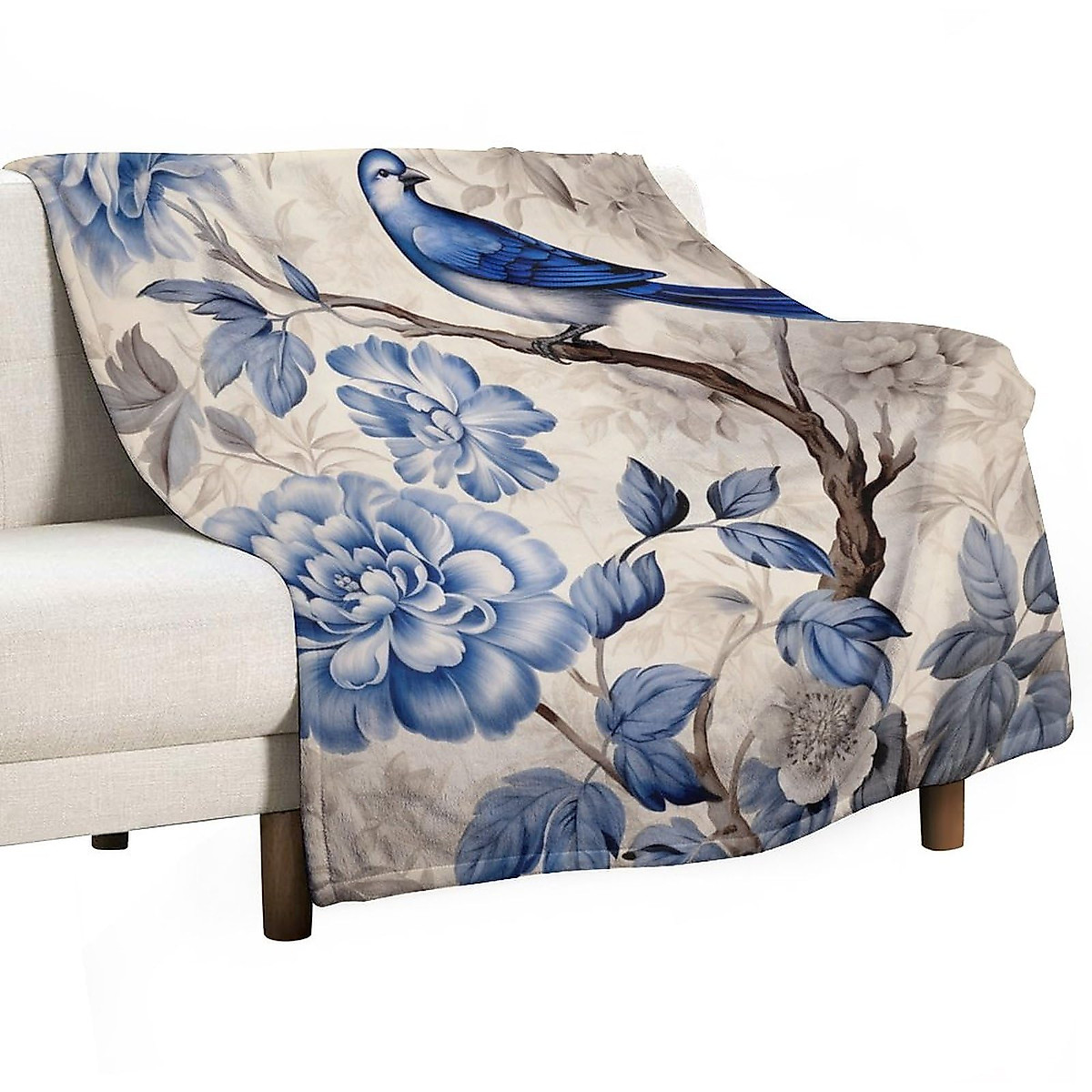 Blanket Blue White Floral Spring Flower Bird ChinoiserieWarm Blanket Flying Bird Flower Blue White Flannel Fleece Throw Blanket for Couch Sofa Bed for Adults Kids Boys Teens Gift for Adults 50"x60"