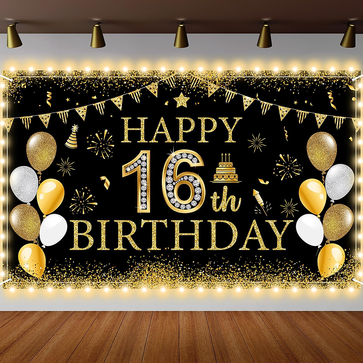 ZOIIWA 16th Birthday Backdrop Lighted Party Decorations Sweet 16 Backdrop with LED Light for Boys Girls Party Supplies Black Gold Happy 16th Birthday Photo Props Background with Light Party Favor
