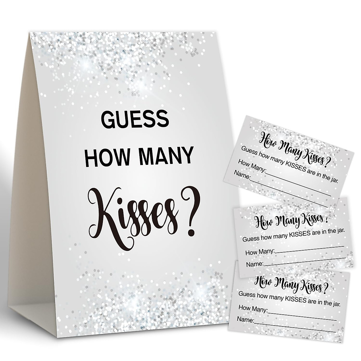 Silver Polka Dot Confetti Design Guess How Many Kisses Bridal Shower Game,Bridal Shower Decorations,Popular Bridal Shower Games,Engagement Party Game,Set Including 1 Sign And 50 Guessing Cards-08