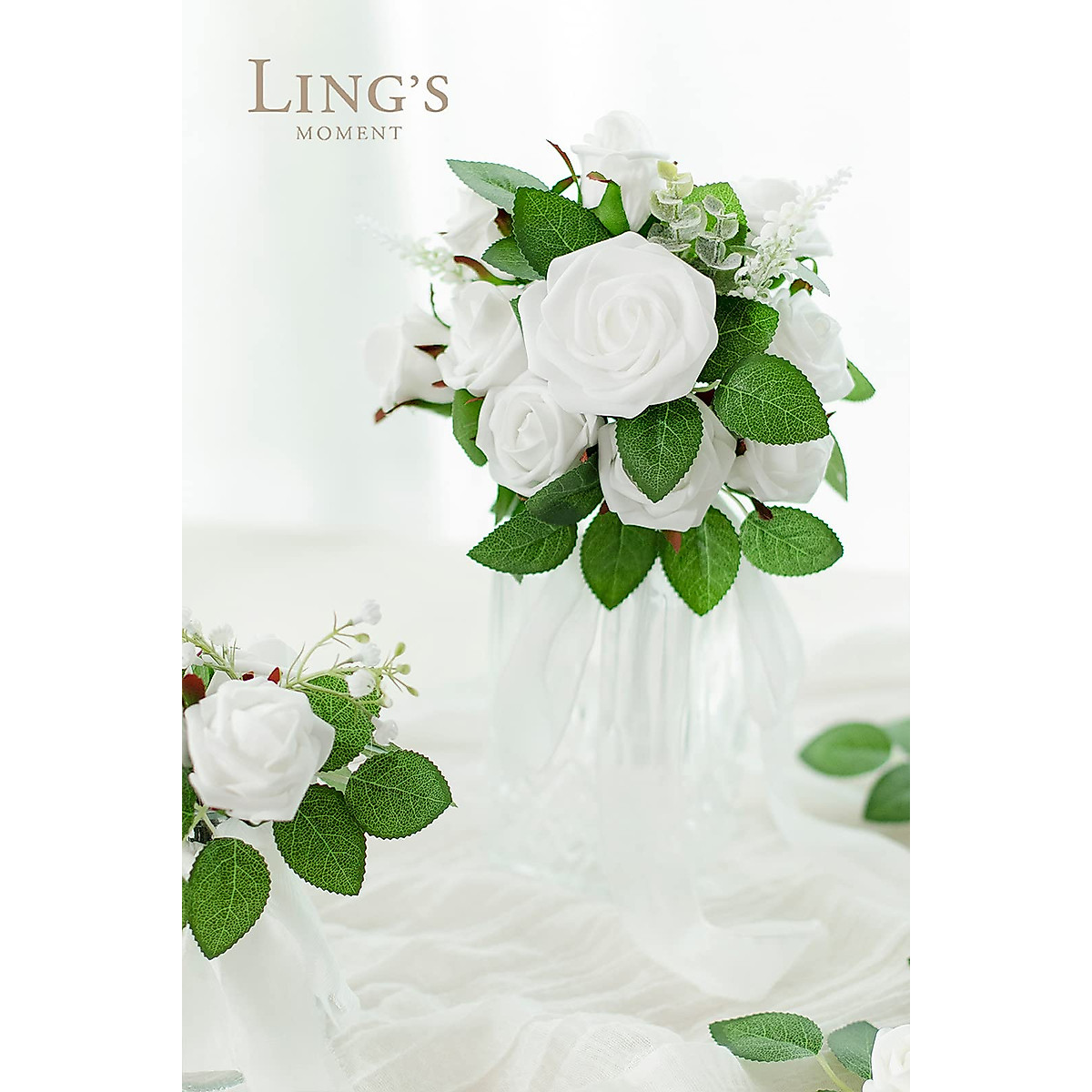 Ling's Moment 1.5/2 inch Artificial Rose White Buds and Petite Roses w/Stem Pack of 24 for DIY Wedding Boutonniere Corsages Bouquets Centerpieces Decorations