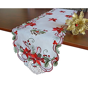 Holiday Christmas Table Runner 13"x54", Cutwork Embroidered Floral Christmas Flower Dresser Sacrf Table Topper for Home Dining Xmas Table Top Decoration