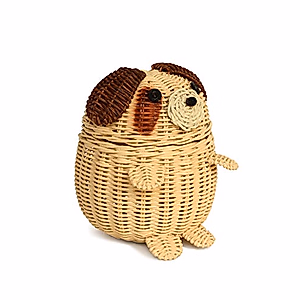 G6 COLLECTION Dog Rattan Storage Basket with Lid Decorative Home Decor Hand Woven Shelf Organizer Cute Handmade Handcrafted Nursery Gift Art Animal Decoration Artwork Wicker Puppy (Small)
