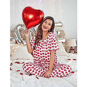 Ekouaer Happy Valentines Day Outfit Womens Pajama Sets Silk Pj Set Short Sleeve Satin Silky Pajama Set Ladies Pajamas Pyjamas Pants Set Soft Loungewear Set Valentines Day Gifts Red Heart S