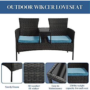 TINKLE WELL Wicker Outdoor Loveseat Modern Rattan 2-Seat Patio Conversation Set with Cushions & Built-in Coffee Table Porch Furniture for Garden Lawn Backyard, Dark Brown