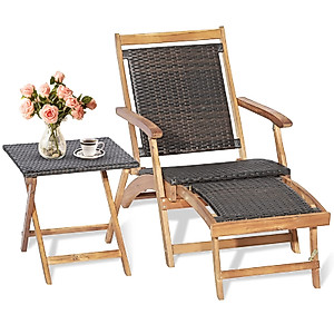 HAPPYGRILL Lounge Chair Table Set Outdoor Acacia Wood Lounge Chair with Wicker Side Table Folding Chaise Lounge with Retractable Ottoman for Garden Balcony Poolside