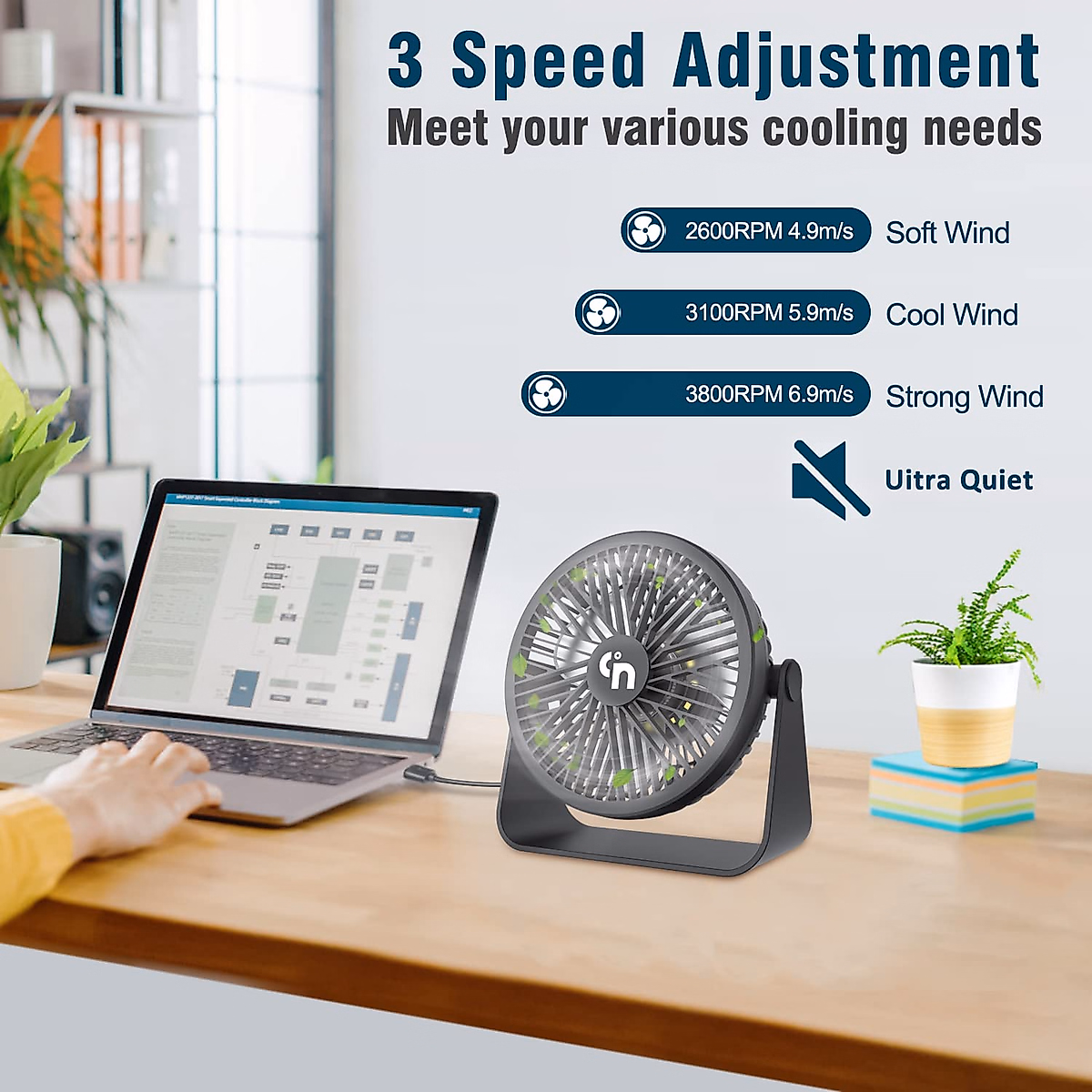 WayToLight 5.3 inch USB Desk Fan with LED Light, 3 Speeds, 360° Adjustment, Portable Mini Desktop Table Fan, Small Personal Cooling Fan for Home Office Outdoor, Black